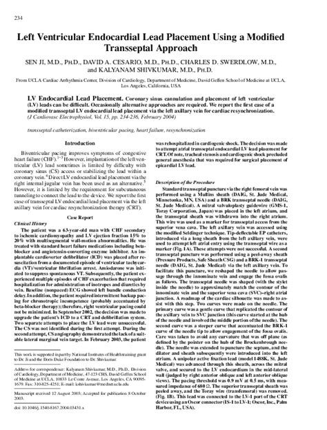 Pdf Left Ventricular Endocardial Lead Placement Using A Modified Transseptal Approach