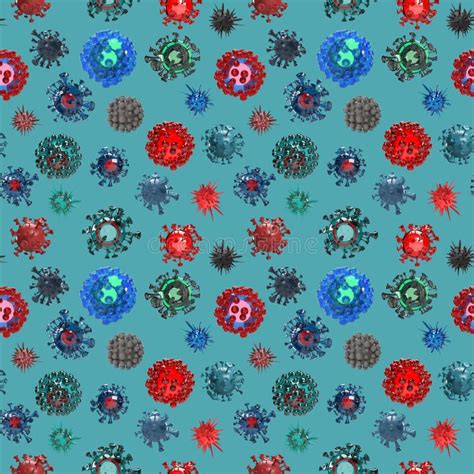 Virus Cells Seamless Pattern On Turquoise Background Stock Illustration