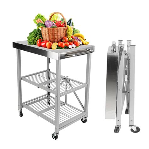 3 Tier Stainless Steel Cart With Wheels 300 Lbs Capacity Foldable
