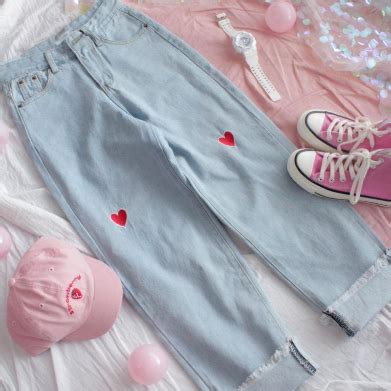 High Waist Kawaii Heart Embroidery Denim Pants Embroidered Mom Jeans