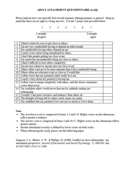 Adult Attachment Questionnaire Aaq Pdf