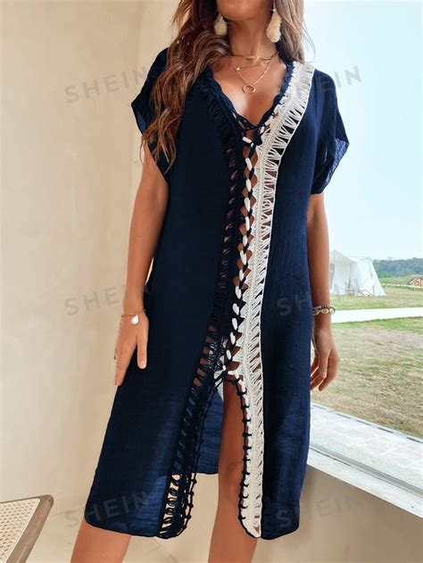 Shein Swim Bohofeel Color Block Open Stitch Cover Up Shein Uk