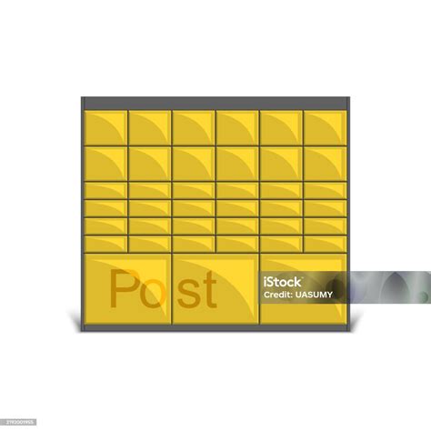 안전한 배송 및 보관 솔루션을 위한 소포 보관함 벡터 개체로 노란색과 회색 디자인의 정리된 구획을 특징으로 하여 도시 물류 및 비접촉식 패키지 검색에 이상적입니다 건설