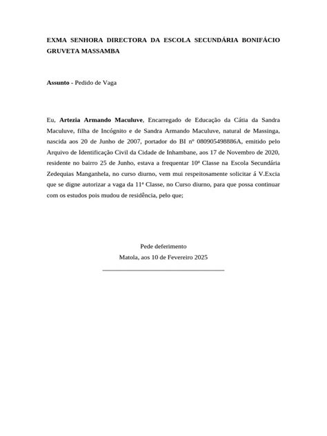 Pedido De Vaga Exma Senhora Directora Da Escola Secundária Bonifácio Gruveta Massamba Pdf
