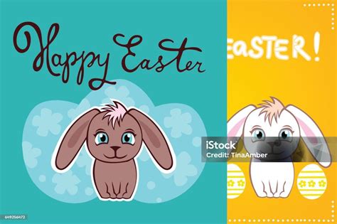 회색 토끼와 계란 다채로운 행복 한 부활절 인사 카드 귀여운 토끼입니다 부활절 엽서입니다 개념과 주제에 대한 스톡 벡터 아트 및 기타 이미지 Istock