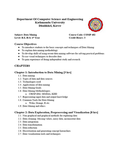 New Syllabus Comp 482 Data Mining1674216496 Pdf Cluster Analysis Data Warehouse