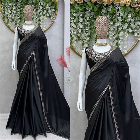 Designer Black Satin Saree And Sequence Embroidery Work And Satin