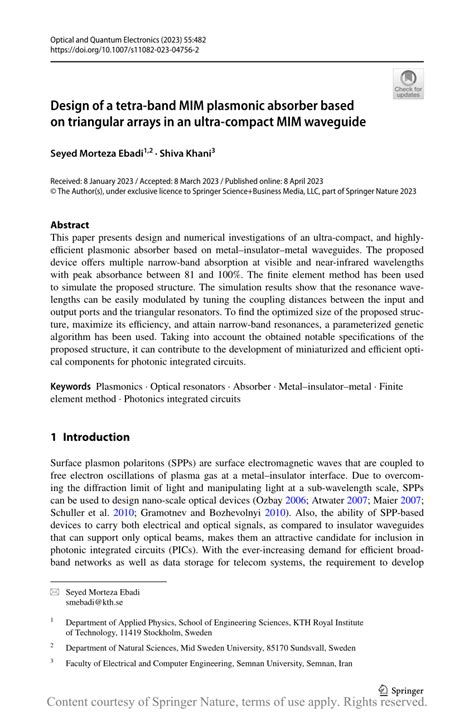 Design Of A Tetra Band Mim Plasmonic Absorber Based On Triangular