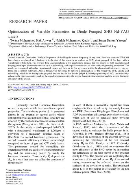 Pdf Optimization Of Variable Parameters In Diode Pumped Shg Nd Yag Lasers