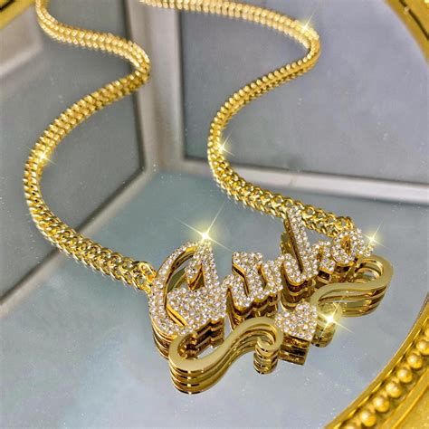 Diamond Name Necklace Custom Necklace Gold Double Name Plate Necklace