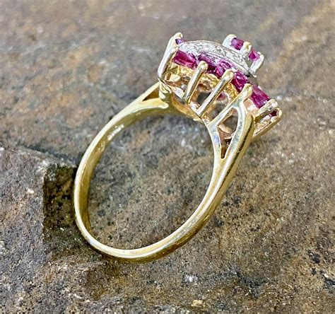 10k Yellow Gold Marquise Ruby Diamond Waterfall Ballerina Cocktail Ring Size 6 For Sale At 1stdibs