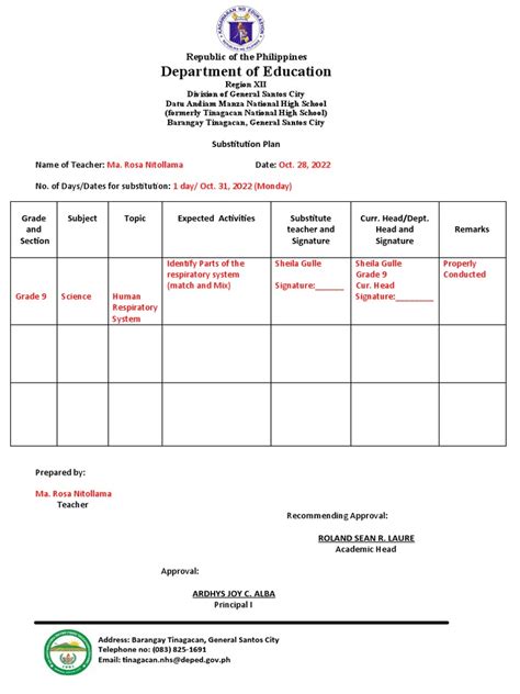 Substitution Plan Pdf Behavior Modification Cognition