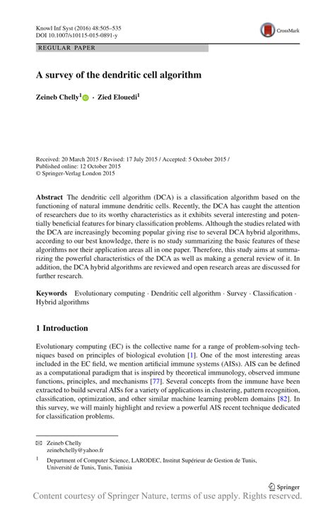 A Survey Of The Dendritic Cell Algorithm Request Pdf