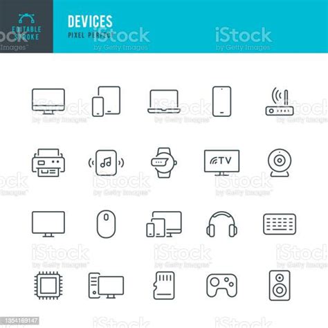 장치 얇은 선 벡터 아이콘 세트입니다 픽셀 완벽 편집 가능한 스트로크 이 세트에는 데스크톱 Pc 노트북 디지털 태블릿 스마트 Tv 스마트 폰 스마트 스피커 스마트 워치의