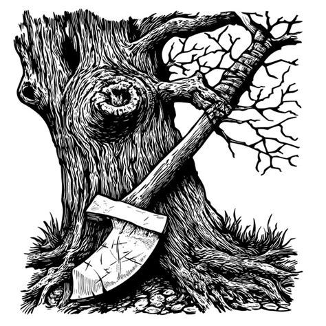 Axe Stuck In The Tree Vintage Line Drawing Or Engraving Illustration Premium AI Generated Image
