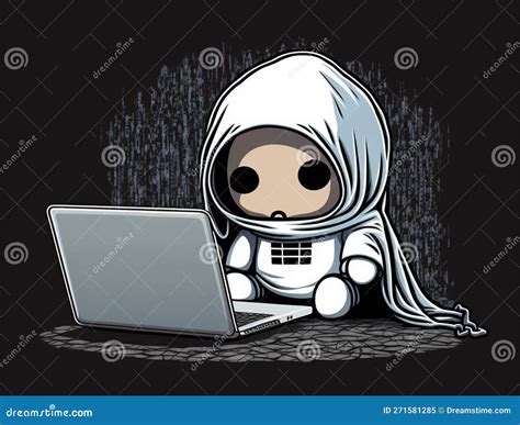 Cute Anonymous Hacker With White Hoodie Using Computer Laptop Concept Of Ethical Hacking