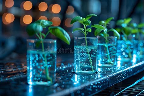 Hydroponic Plant Growth In Glass Beakers With Bokeh Lights Background