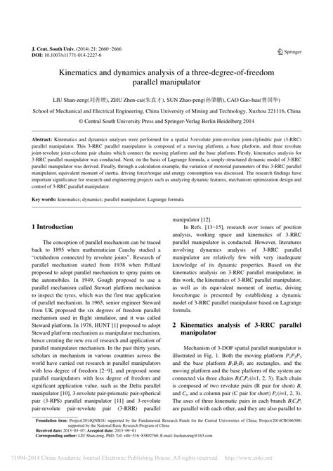 Pdf Kinematics And Dynamics Analysis Of A Three Degree Of Freedom Parallel Manipulator