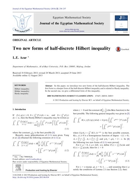 Pdf Two New Forms Of Half Discrete Hilbert Inequality