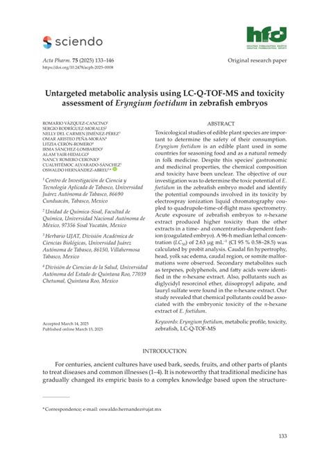 PDF Untargeted Metabolic Analysis Using LC Q TOF MS And Toxicity Assessment Of Eryngium
