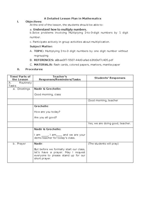 Detailed Lesson Plan In Mathematics Multiplying One Digit Numbers