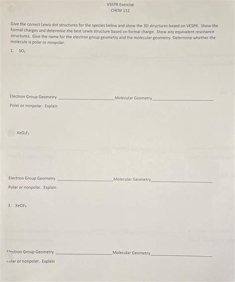 Solved Vsepr Exercise Chem 112 Give The Correct Lewis Dot