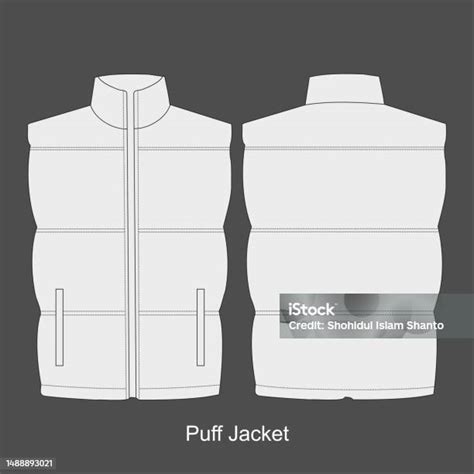 스트리트웨어 패딩 재킷 테크니컬 드로잉 모형 재킷 기술 도면 템플릿 짧은 소매 주머니 앞면과 뒷면보기 흰색 여성 남녀 공용