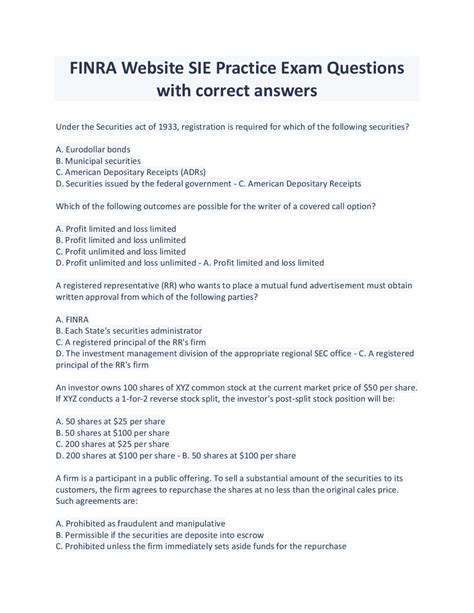 FINRA Website SIE Practice Exam Questions With Correct Answers Exams Nursing Docsity