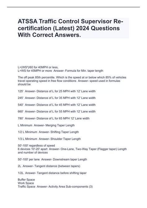 Atssa Traffic Control Supervisor Re Certification Latest 2024 Questions With Correct Answers