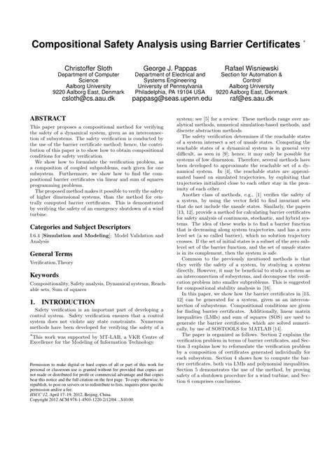 Pdf Compositional Safety Analysis Using Barrier Certificates
