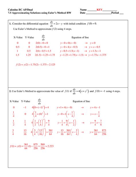 euler s method hw key calculus bc ap dual name key 7