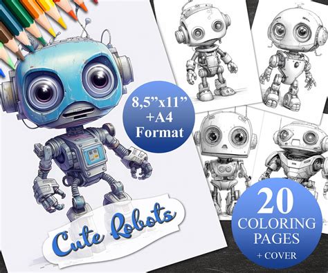 Cute Robots Coloring Pages Cover Printable Adult Coloring Book Instant Download