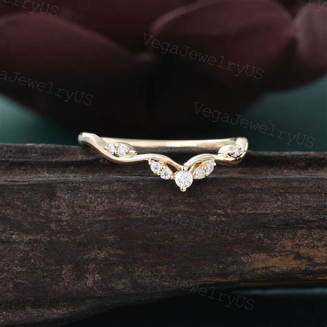 Vintage Curved Wedding Band Unique Yellow Gold Moissanite Ring Art Deco
