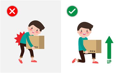 올바른 리프팅 자세와 잘못된 사람이 잘못하고 올바른 위치를 들어 올립니다 질병 허리 통증 의료 의료 개념 적절한 리프팅에 대한
