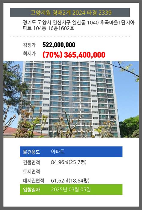 고양아파트경매 고양시 일산서구 일산동 1040 후곡마을1단지아파트 104동 16층1602호 №2024 타경 2339 더블옥션 대한민국 1위 부동산 경매 정보 제공 사이트