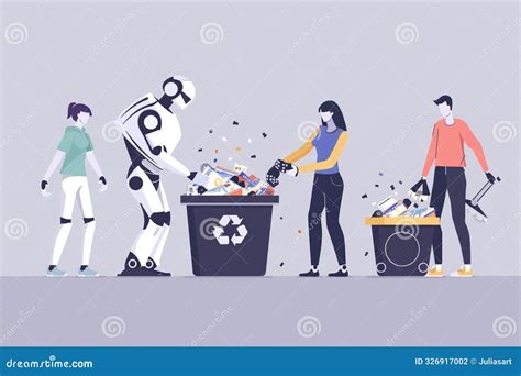 robot and people sorting garbage human and robot collaboration illustration stock illustration