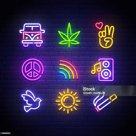 히피 아이콘을 설정 합니다 히피 네온 사인 밝은 간판 빛 배너입니다 네온 고립 된 아이콘 엠 블 럼 히피 자동차 대마초 승리의 손 태평양 무지개 세계 태양 네온에 대한 스톡