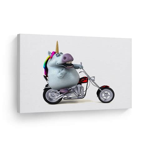 Smile Art Design Funny Unicorn Riding A Chopper Motorcycle Canvas Wall