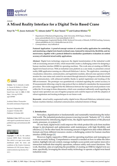 Pdf A Mixed Reality Interface For A Digital Twin Based Crane