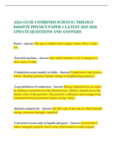 Aqa Gcse Combined Science Trilogy 8464 P 1f Physics Paper 1 Latest Update Questions And Answers