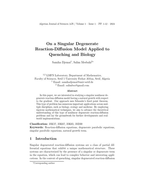 On A Singular Degenerate Reaction Diffusion Model Applied To Quenching And Biology Pdf