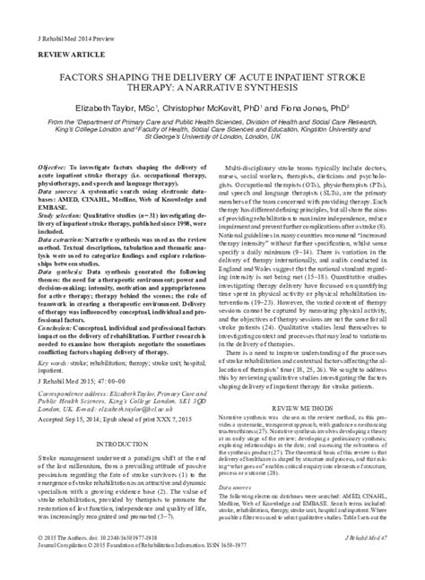 Pdf Factors Shaping The Delivery Of Acute Inpatient Stroke Therapy A