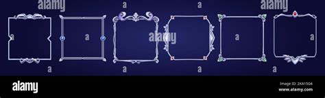 Set Of Square Ui Game Frames Textured Medieval Borders Of Silver Or Steel Metal With Gems
