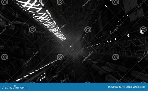 Flying Through Monochrome Industrial Abstract Tunnel Motion Black And White Tubes And Pipes