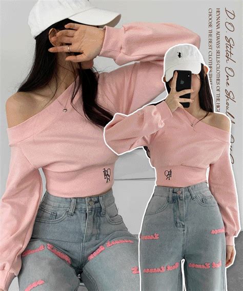 허리잘록 자수포인트 러블리힙ღ원숄더오프 오프숄더 맨투맨 디오자수원숄더오프크롭 에이블리
