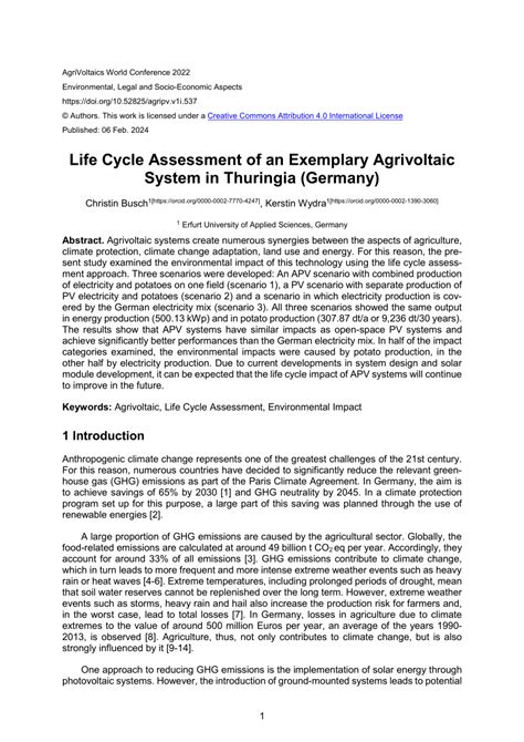 Pdf Life Cycle Assessment Of An Exemplary Agrivoltaic System In Thuringia Germany