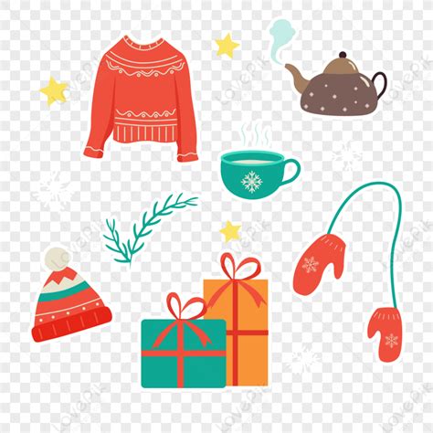 빨간 녹색 평면 스타일 크리스마스 일러스트 선물 스웨터 요소 스티커강설장갑 Png 일러스트 무료 다운로드 Lovepik