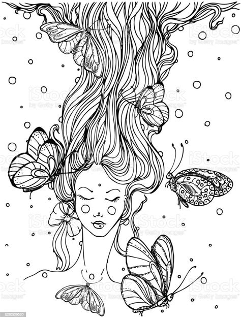 손으로 그린된 잉크 낙서 여자 얼굴과 흰색 바탕에 흐르는 머리 성인을 위한 디자인 포스터 인쇄 전단지 배너 초대 T셔츠 스케치 Eps 8 벡터 검은색에 대한 스톡 벡터 아트