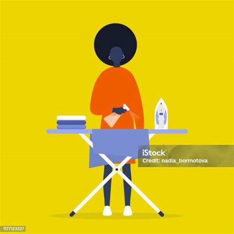 젊은 흑인 여성 캐릭터 다림질 옷 집안일 일상 밀레니엄 라이프 스타일 플랫 편집 가능한 벡터 일러스트레이션 클립 아트 빨래에