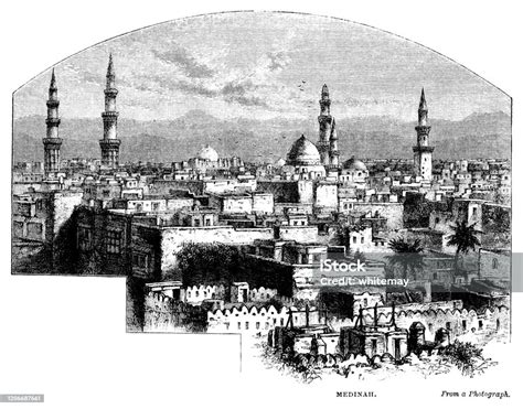 현재 사우디 아라비아의 알마디나 지역의 거룩한 도시 메디나의 19세기 조각 사우디 아라비아에 대한 스톡 벡터 아트 및 기타 이미지 사우디 아라비아 과거 오래된